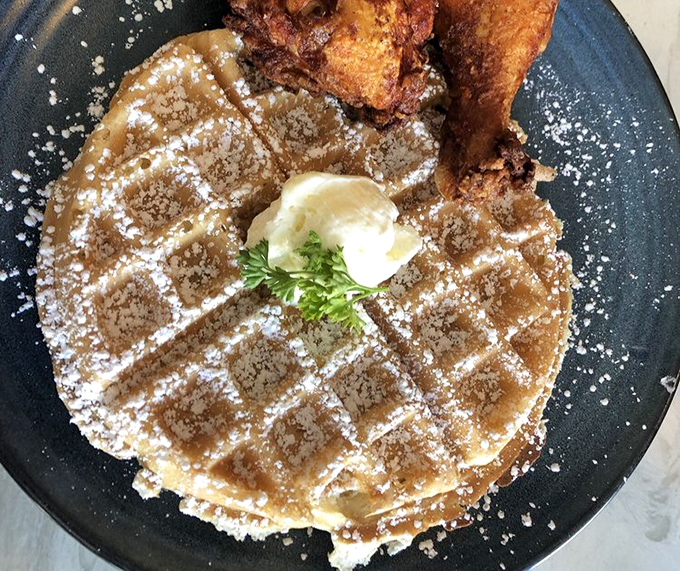 The waffle doesn't just share a plate with chicken—it elevates the entire experience. That dusting of powdered sugar is like snowfall in comfort food heaven.