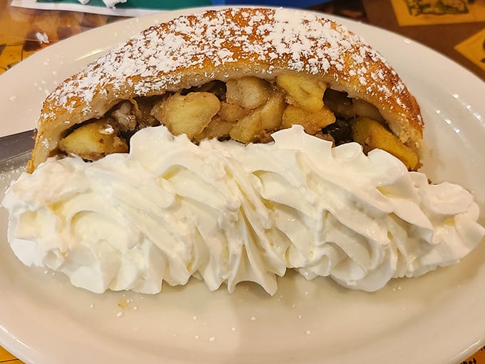 Apple strudel that whispers sweet nothings to your taste buds. That mountain of whipped cream isn't excessive—it's necessary emotional support for the experience.