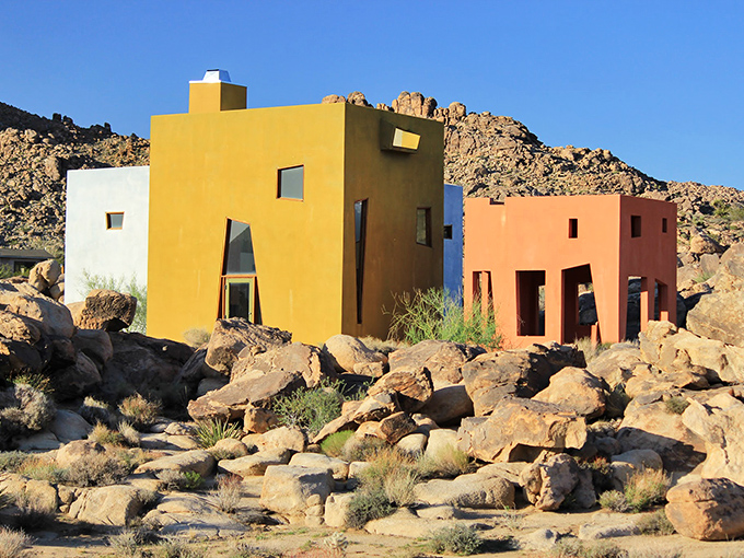 Desert architecture that looks like it escaped from a Southwestern Mondrian painting – practical, colorful, and impossible to miss during hide-and-seek.