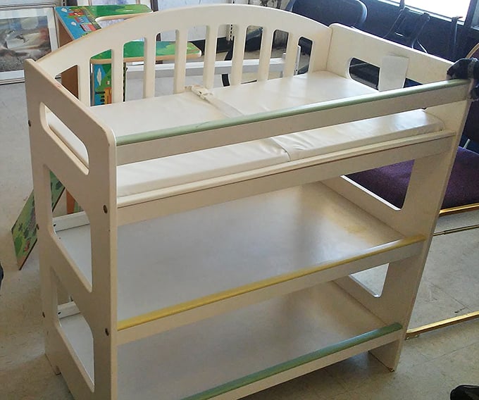 This gently used changing table represents the circle of thrift life—buy it, use it for 18 months, donate it back, and make another parent's day.