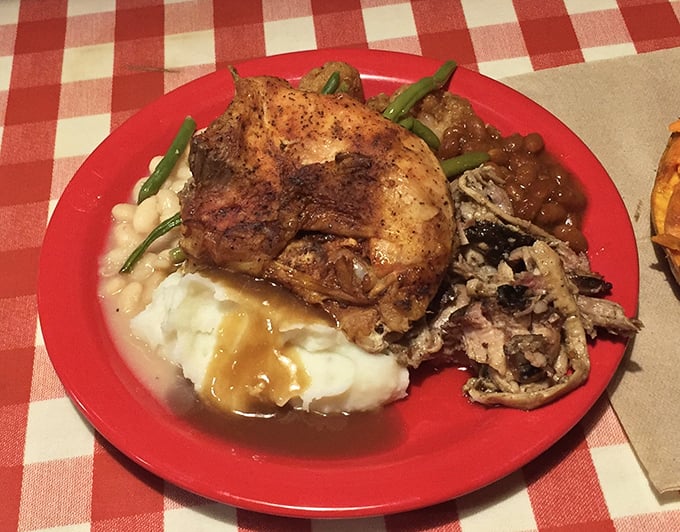 A plate that tells Tennessee's culinary story – perfectly seasoned chicken, cloud-like mashed potatoes, and sides that make vegetables the star, not the obligation.