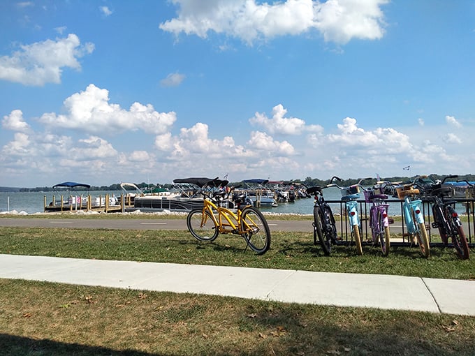 The unofficial Buckeye Lake transportation fleet, parked and ready for adventure. These bikes have seen more lakeside paths than most GPS systems.