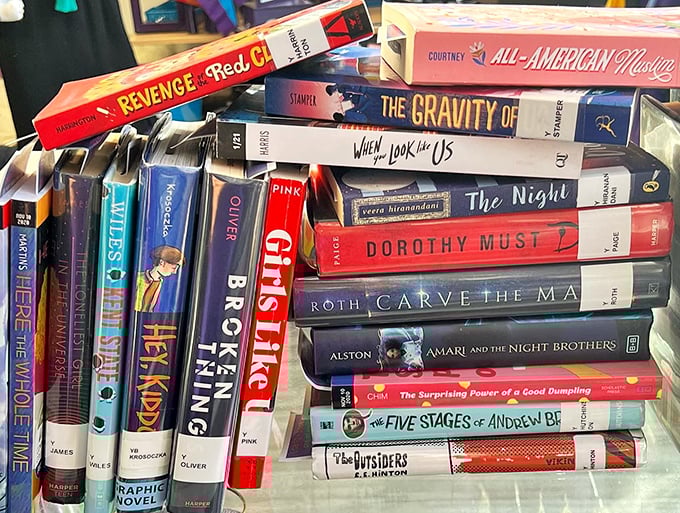 Literary treasures line up for adoption. From graphic novels to bestsellers, these gently-loved books are ready for their next chapter in your home library.