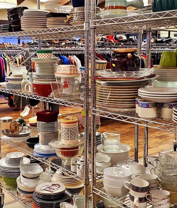 Dish paradise! Stack upon stack of potential place settings that would make Martha Stewart swoon and your dinner guests ask, "Where did you find these?"
