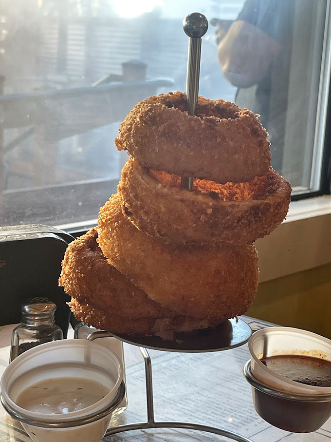 The Tower of Onion Power! These golden-brown rings aren't just a side—they're an engineering marvel with a crunch you can hear three tables away.