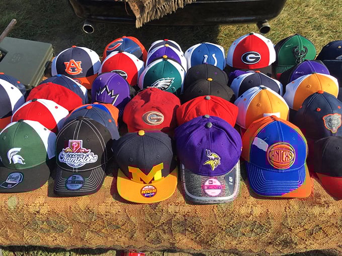 Sports fans' heaven! Every team cap imaginable basks in the sunshine, waiting to crown the head of its next loyal supporter.