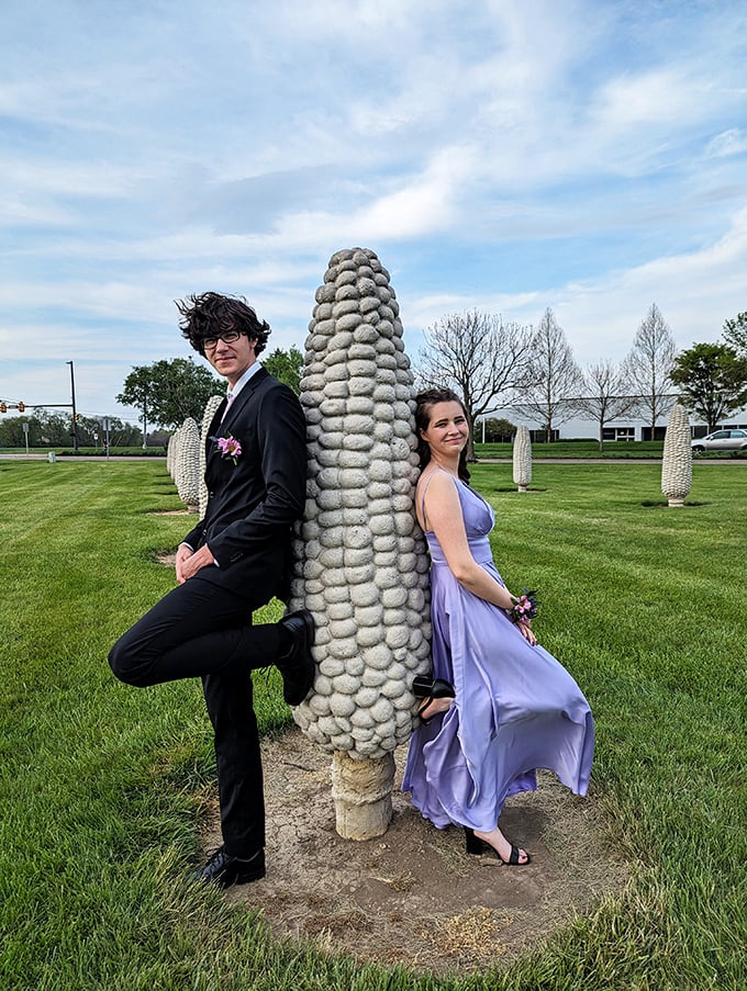 Prom night gets an extra pop of surrealism when local teens use the six-foot corn sculptures as the ultimate unique photo backdrop.