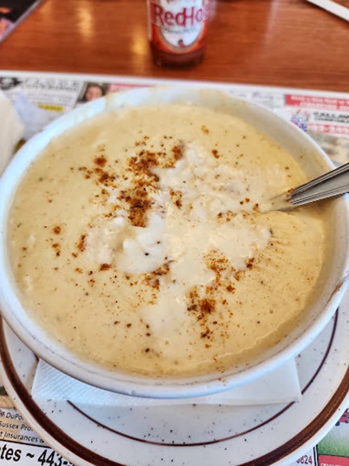 Creamy crab soup that whispers "Delaware" with every spoonful. The sprinkle of spice on top isn't just garnish—it's punctuation.