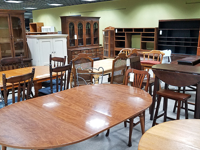 Dining table heaven! From formal mahogany to retro chrome-and-formica, these tables have served thousands of Wisconsin family dinners before waiting for their next chapter.