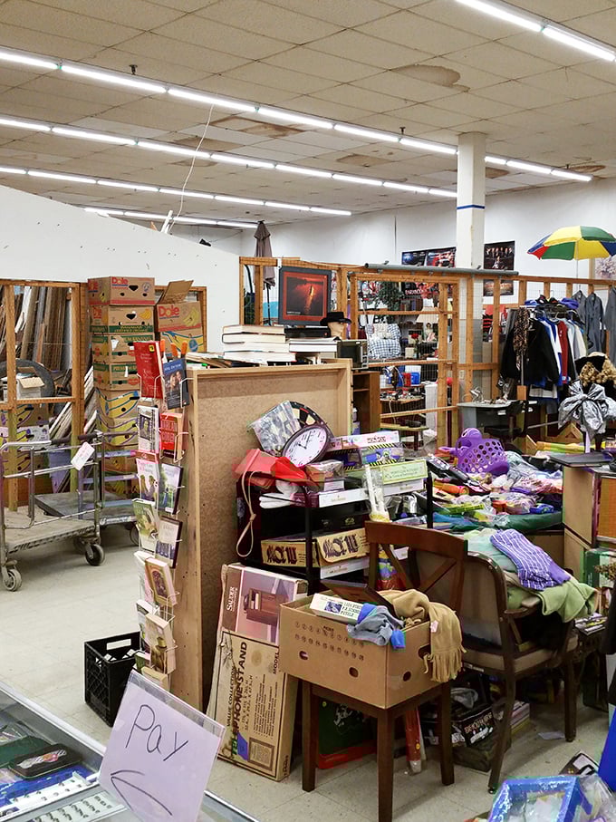 Every booth tells a different story—this one's narrative involves colorful chaos, stacked boxes, and the promise of unexpected discoveries.