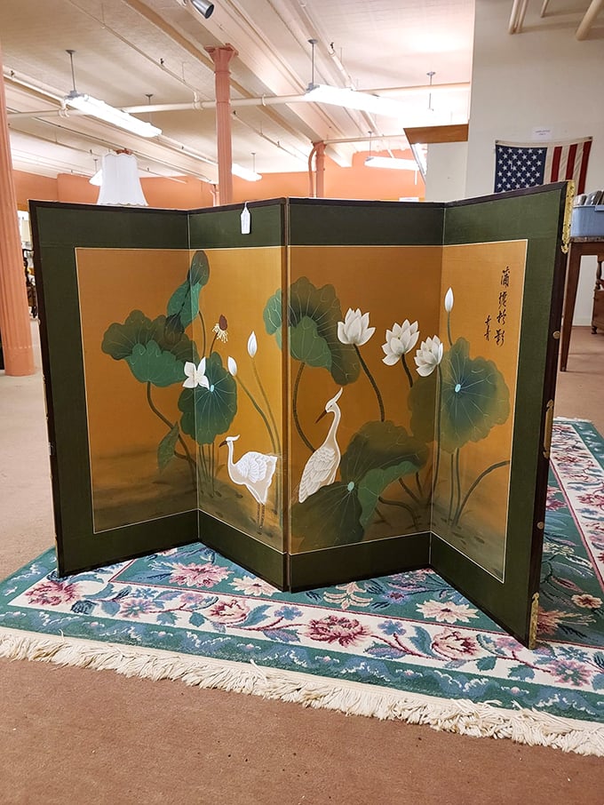 This elegant folding screen tells stories of lotus gardens and graceful cranes—instant sophistication for any room needing a conversation piece.
