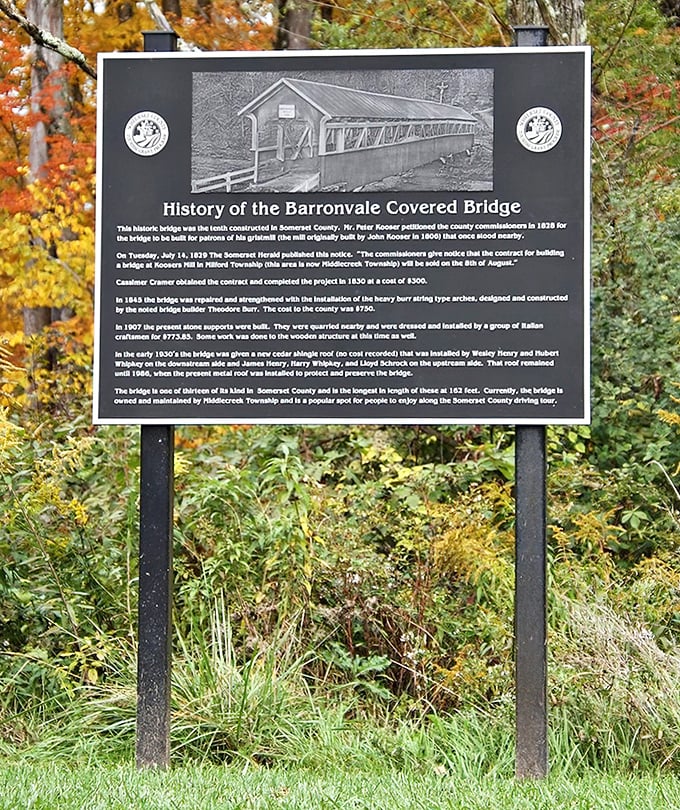 History doesn't just happen—it gets documented. This informative sign reveals the bridge's fascinating past while autumn colors dance in the background.