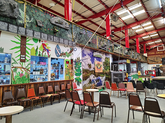 Whimsical murals transform this dining area into an unexpected oasis. Who knew lunch at a flea market could come with such colorful ambiance?