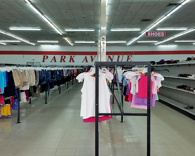 Follow the red stripe road through this organized retail wilderness. Dorothy never had it this good in Oz.