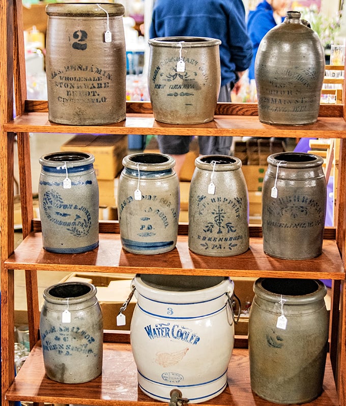 Stoneware crocks with blue decorations—each one a functional piece of American history. Grandma would approve of these sturdy survivors.