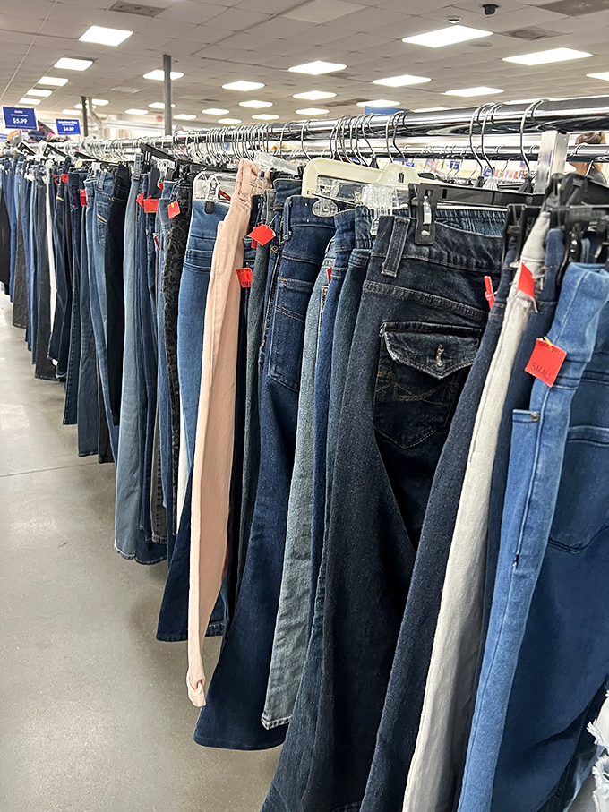 Denim heaven stretches as far as the eye can see. At these prices, you could dress like a Springsteen song for under $20.