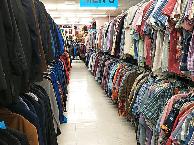 The men's department: where plaid dreams come true and yesterday's business attire awaits its second career opportunity.