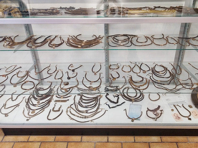Not your typical jewelry counter! These intricate necklaces and bracelets were fashioned from human hair – Victorian bling at its finest.
