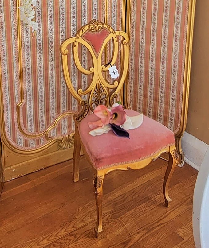 This isn't just a chair—it's a throne for your inner Victorian aristocrat, complete with gold flourishes and blush velvet that screams "paint me like one of your French girls."