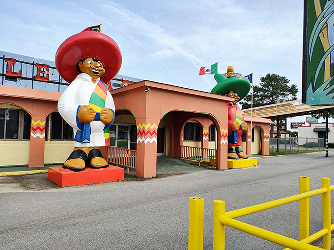 More Pedro statues dot the landscape, because one mascot is never enough when you're this committed to kitsch.