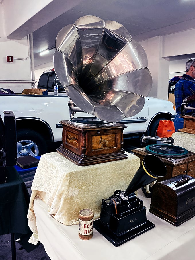 The original surround sound system! This magnificent gramophone isn't just an antique—it's an invitation to hear music the way your grandparents did.