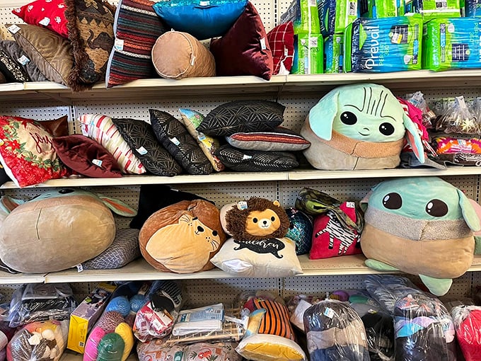 Stuffed animals waiting for their second chance at cuddles. That Baby Yoda plush has seen things—probably a marathon of Disney+ and someone's ugly crying.