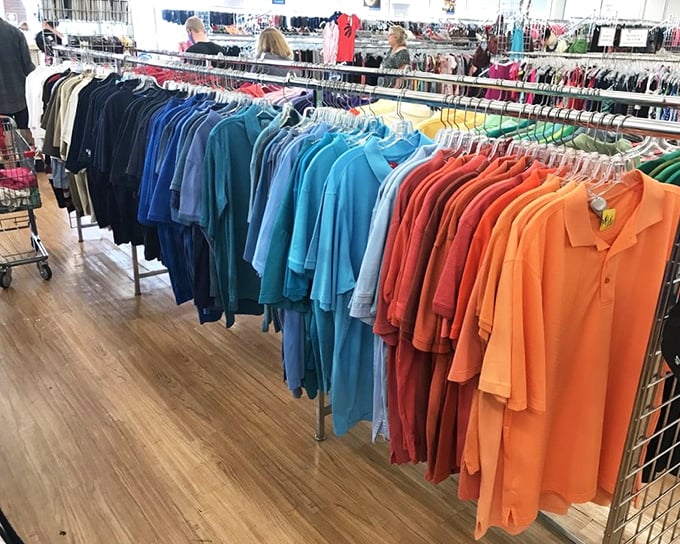 The men's section organized by color—a Type-A personality's dream come true. Like walking through a preppy rainbow of second chances.