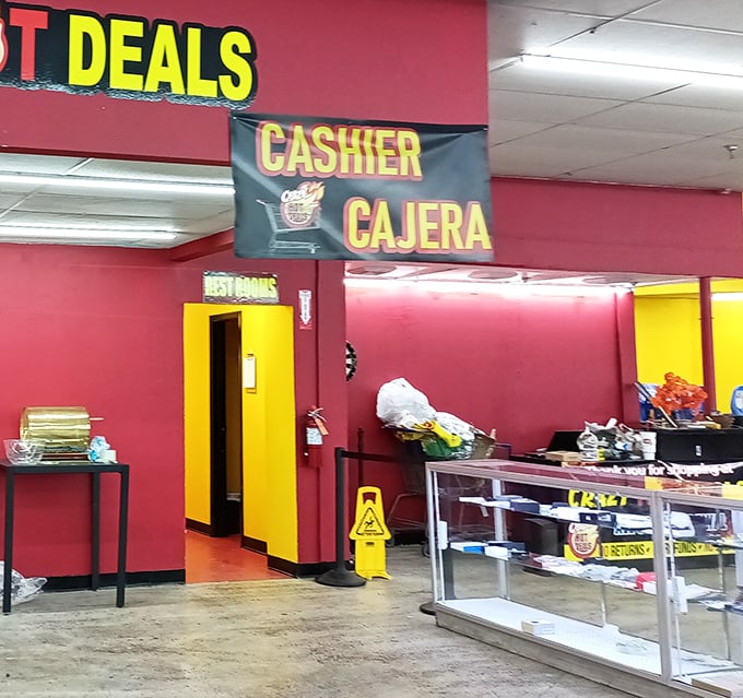 The bilingual cashier area serves as mission control for bargain hunters ready to cash out their bin-diving victories.