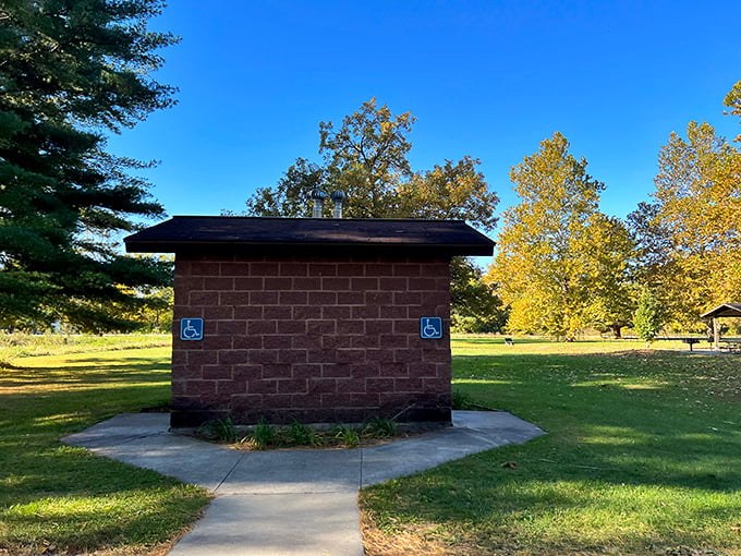 Even the restrooms at Mississippi Palisades are thoughtfully placed, proving that sometimes the best amenities are the ones you don't have to hike three miles to find.