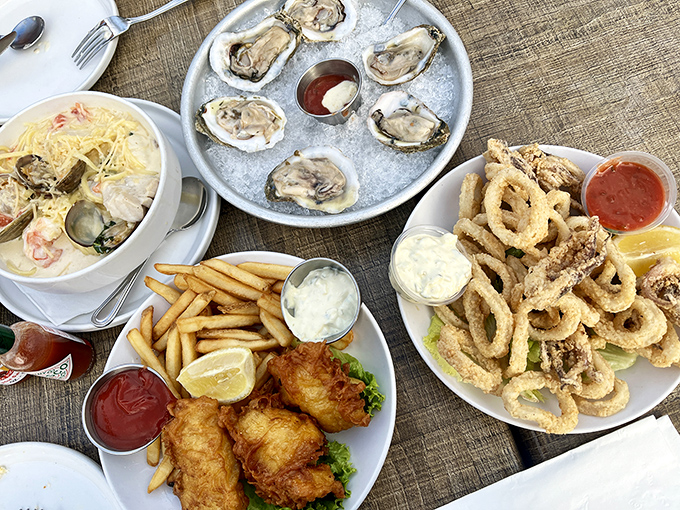 A seafood spread that would make Neptune himself put down his trident and pick up a fork. Fresh oysters, calamari, and chowder—the holy trinity.