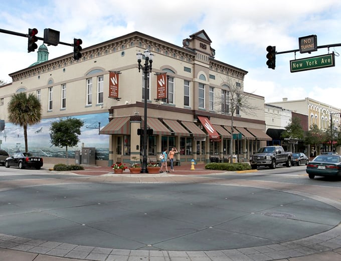 Corner buildings anchor DeLand's historic downtown, where brick facades have witnessed generations of Florida stories unfold.