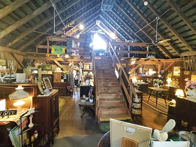 These wooden stairs don't just lead to a second floor—they're a stairway to heaven for vintage enthusiasts seeking the perfect forgotten treasure.