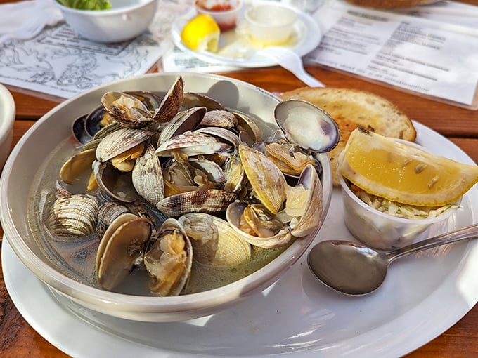 Steamer clams swimming in broth so good you'll want to drink it with a straw. The empty shells tell the delicious story.