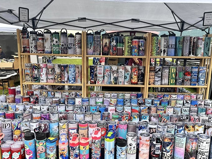 A rainbow arsenal of modern tumblers stands in stark contrast to the vintage surroundings – proof that Leighty's spans generations of American consumerism.