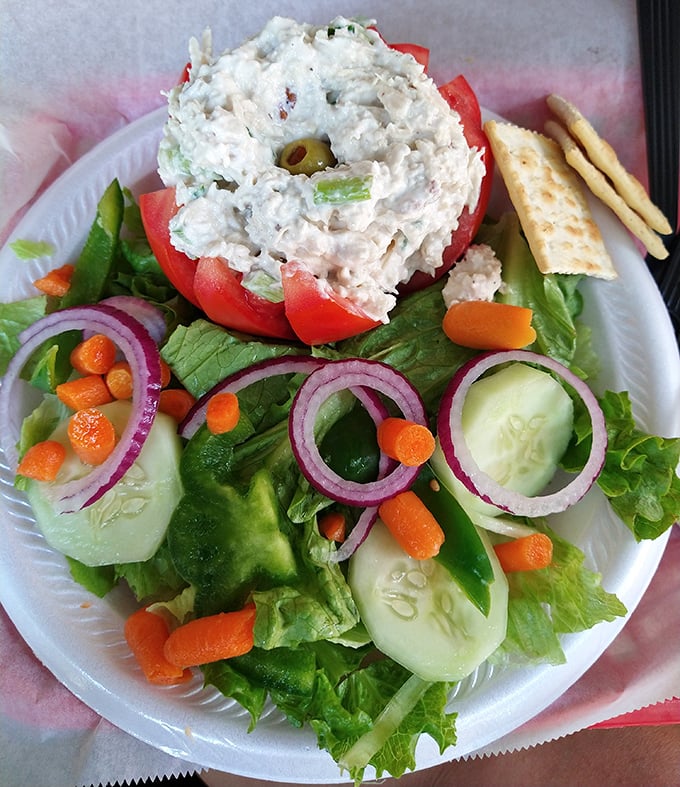 Garden-fresh vegetables cradle a generous scoop of tuna salad—proof that sometimes the simplest combinations make the most profound statements.