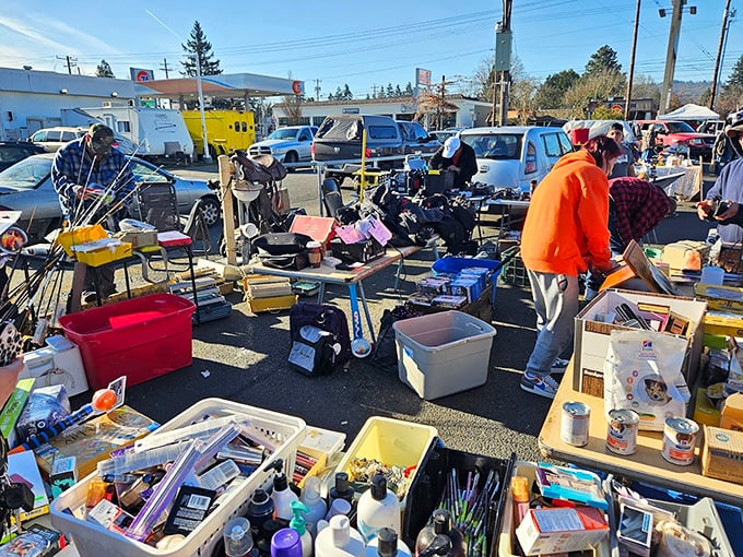 Plastic bins overflow with potential finds—each one a mystery box that might contain exactly what you never knew you needed.