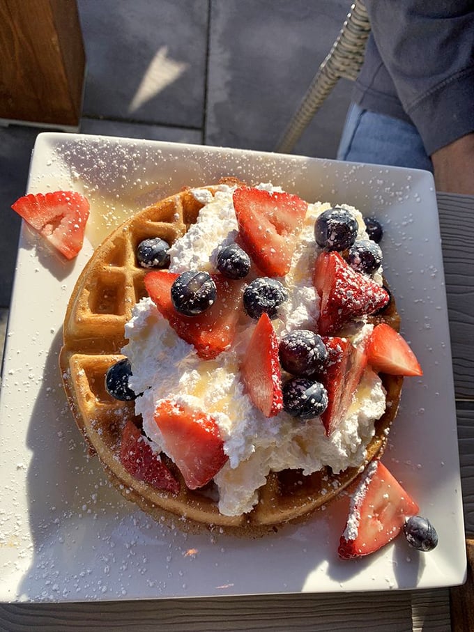 Breakfast nirvana achieved! A golden waffle crowned with fresh berries and whipped cream – proof that mornings in Lancaster County deserve to be celebrated.