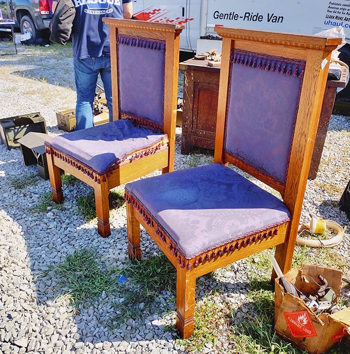 Regal purple thrones from another era, when dining rooms demanded dignity. These chairs have hosted countless family dinners and are ready for more.