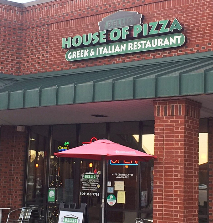 Bellis' brick façade and green awning create the perfect neighborhood spot for pizza that tastes like a Greek vacation.