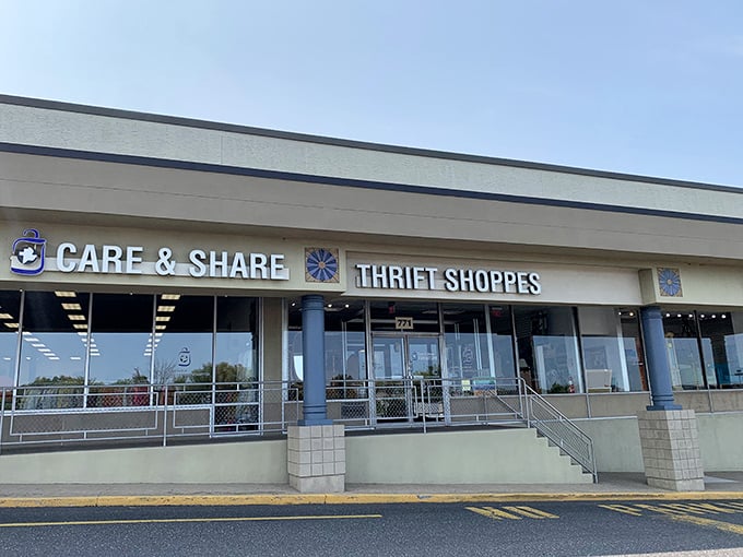 Care & Share's distinctive blue columns welcome thrifters to a multi-building complex. This isn't just shopping—it's an expedition!