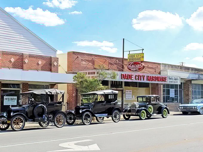 Dade City's automotive time capsule! These vintage beauties parked outside the hardware store are like mechanical ambassadors from a simpler time.