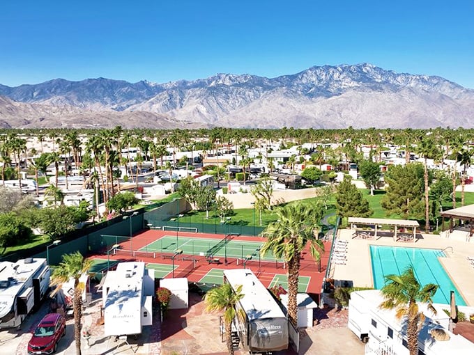 Desert Shadows from above—tennis courts, pools, and mountains that don't care what you paid for your home.