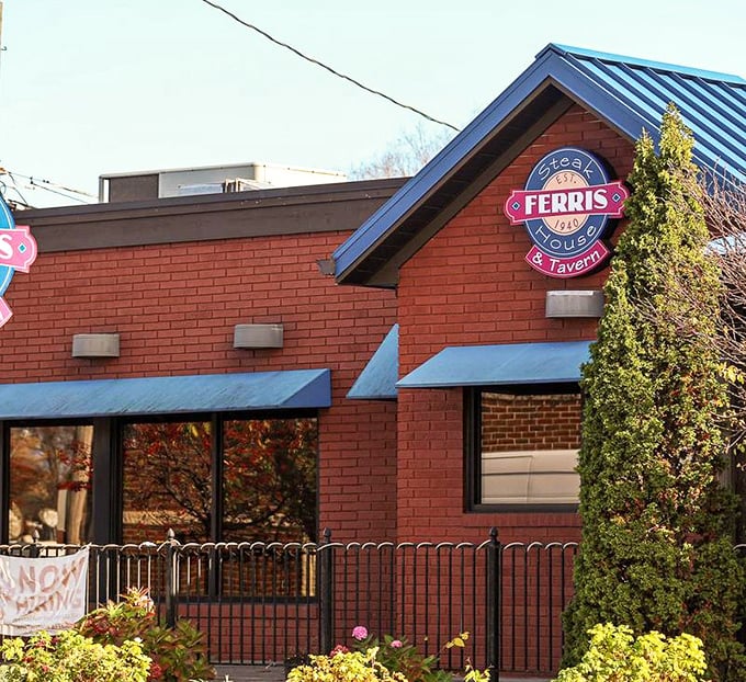 That bright red brick and blue sign? They're basically saying "Seriously good steaks served here without any fuss."