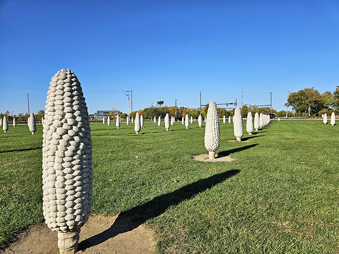 "Children of the Corn," Ohio edition! These eerie concrete cobs stand at attention like silent sentinels of the Midwest.