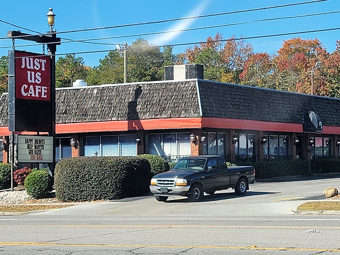 Just Us Cafe's simple red sign and classic diner profile says "no frills, just good food" – exactly what we're looking for!
