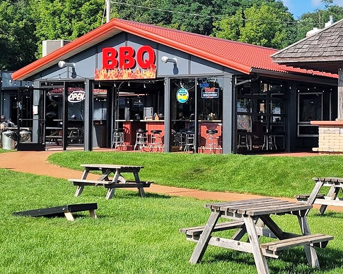 KRB's red-roofed BBQ haven stands like a beacon of hope for hungry travelers on Wisconsin's backroads.
