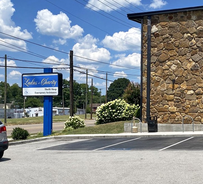 Ladies of Charity's charming sign and stone building offer old-world charm with modern-day bargains.