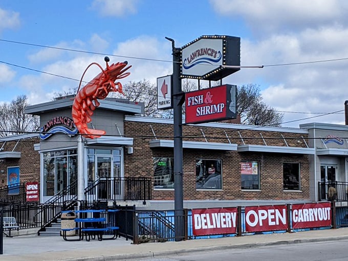 That giant red shrimp isn't just decoration—it's a beacon calling seafood lovers to this Chicago landmark.
