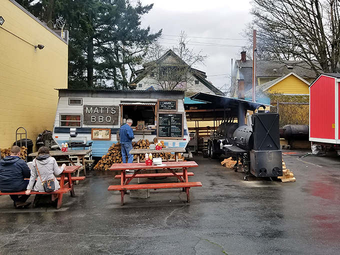Matt's BBQ food cart proves greatness comes in small packages. That smoker isn't just equipment – it's the heart of the operation.