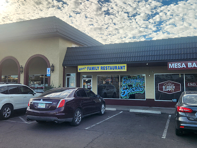 Mikey's blue-roofed family restaurant doesn't need fancy frills – the "Everyday Specials" sign tells you everything you need to know.